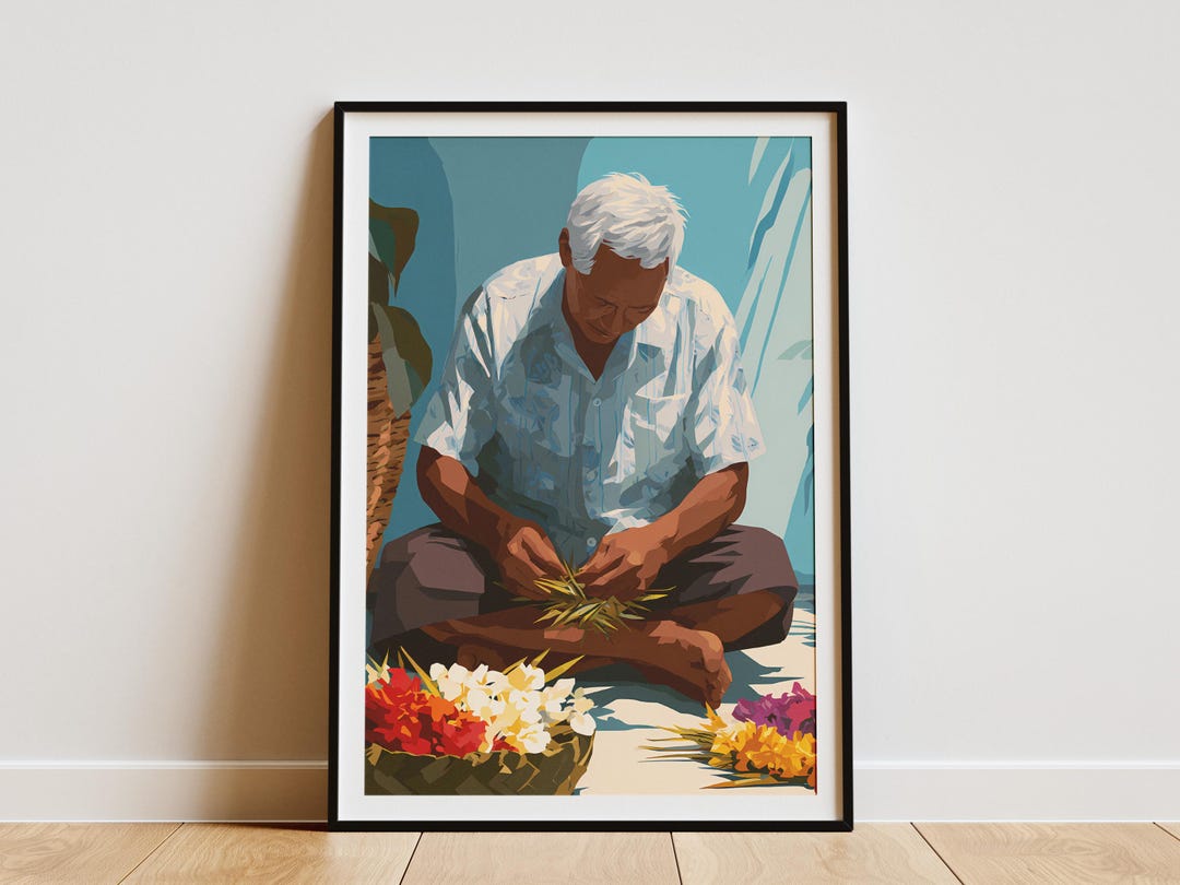 Hawaiian Lei Maker Art Print Elder Man Crafting Traditional Flower Lei ...