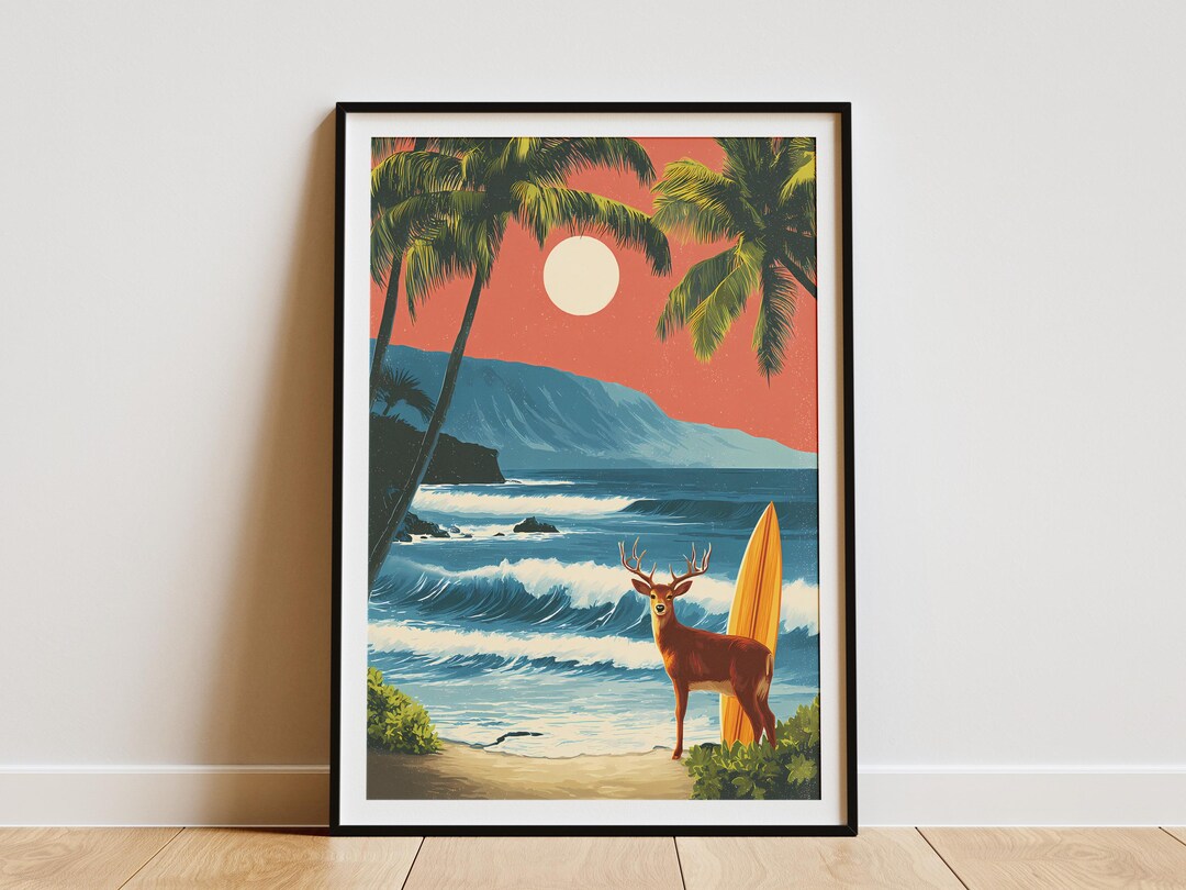 Hawaii Christmas Reindeer Surfer Holiday Beach Ocean Waves Palm Tree ...