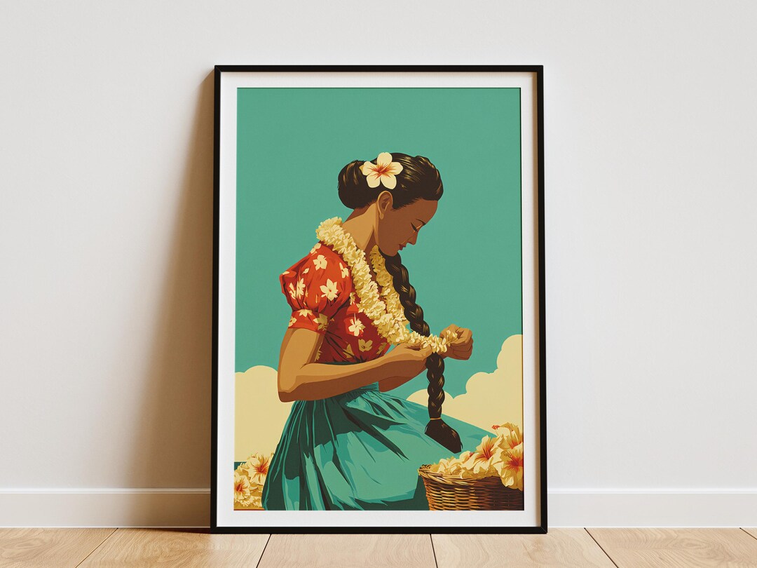Hawaiian Woman Braiding Lei Floral Artwork Print Tropical Island ...