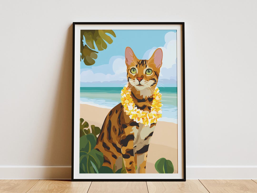 Bengal Cat Beach Art Print Hawaiian Lei Cat Wall Decor Tropical Island ...