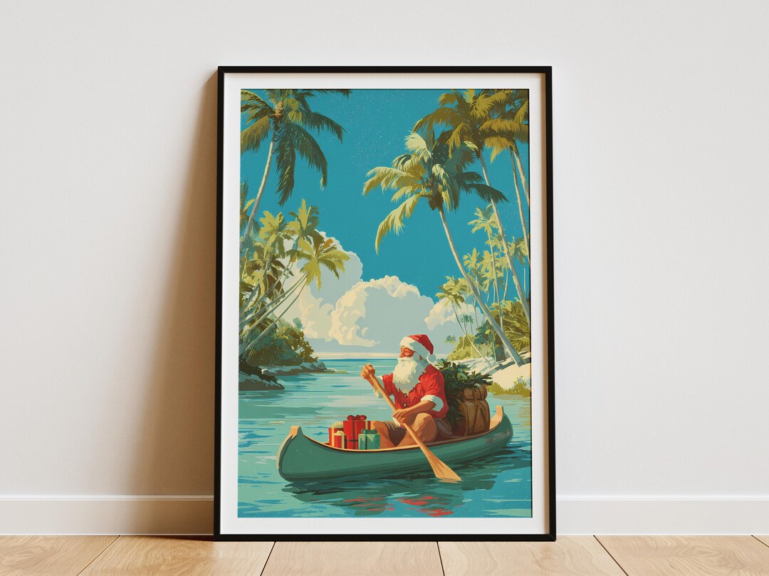 Hawaii Christmas Santa Canoe Print Holiday Tropical Wall Art Beach ...