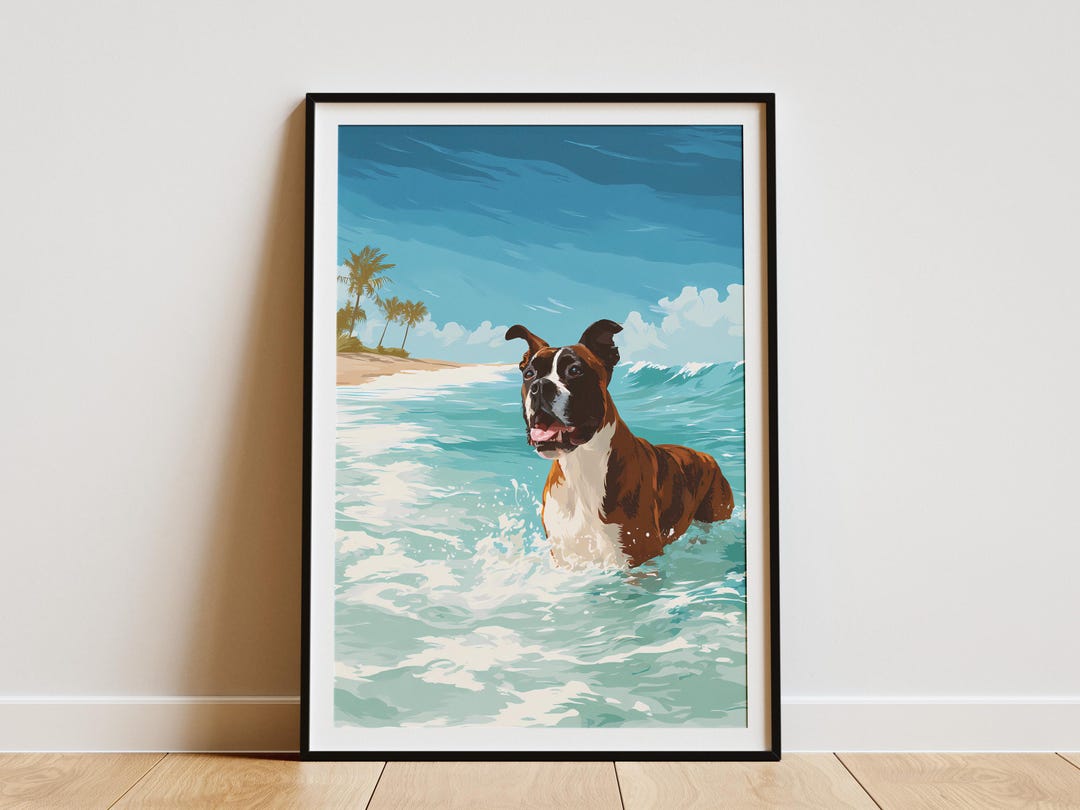 Hawaii Boxer Dog Swimming Ocean Art Print Tropical Beach Travel Poster ...
