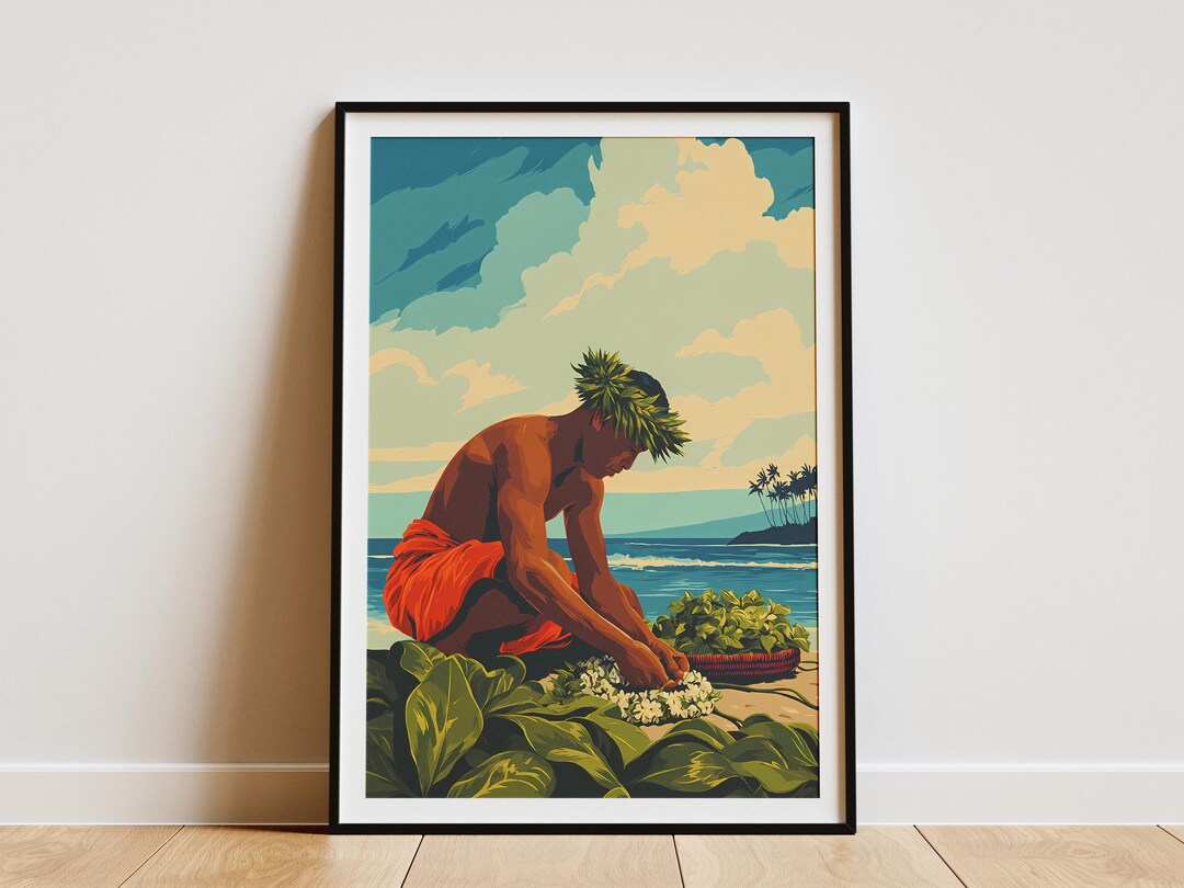 Hawaiian Lei Maker Art Print Tropical Beach Man Making Flower Garland ...