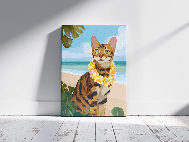Bengal Cat Beach Art Print Hawaiian Lei Cat Wall Decor Tropical Island ...