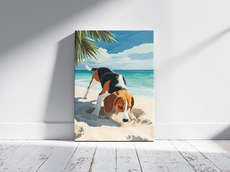 Playful Beagle Dog Digging on Hawaiian Beach Art Print Tropical ...