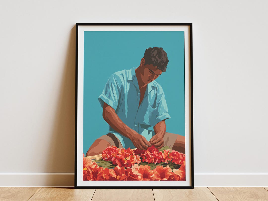 Hawaiian Lei Making Art Print Young Man Crafting Hibiscus Flowers ...