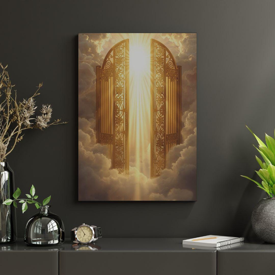 Golden Heavenly Gate Print, Christian Cloud Art, Light Rays Religious ...