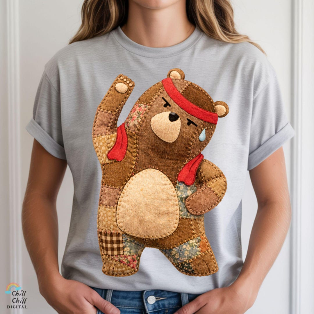 Patchwork Fitness Bear Cozy Textile Character PNG. - Etsy