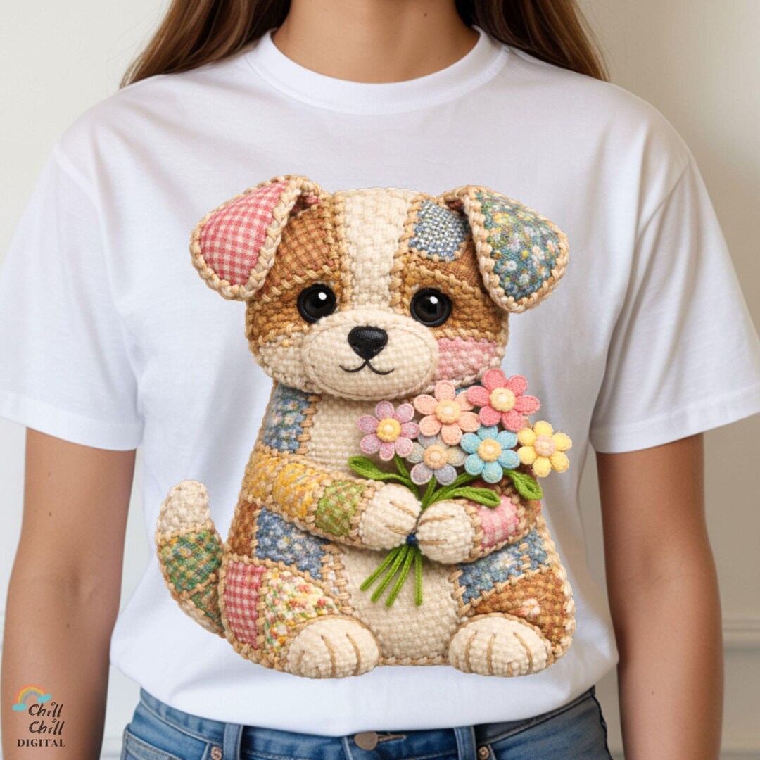 Patchwork Puppy Floral Bouquet PNG, Cozy Quilt Dog Art, Textile Fabric ...
