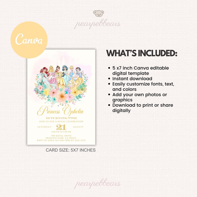 Princess Birthday Invitation Card | Editable Canva Template | Royal ...
