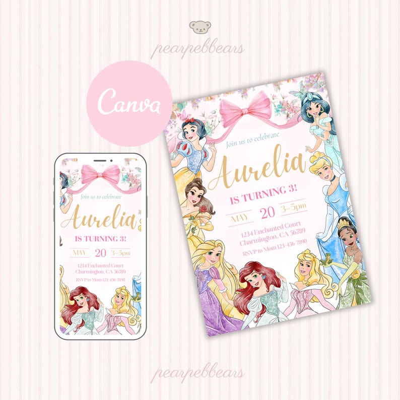 Princess Birthday Invitation Card | Editable Canva Template | Royal ...