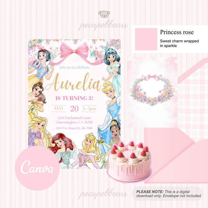 Princess Birthday Invitation Card | Editable Canva Template | Royal ...