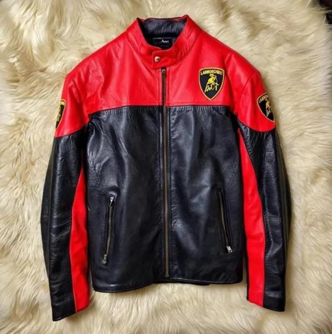 Lamborghini Leather Jacket Handmade Italian Racing Bomber Jacket Men's ...