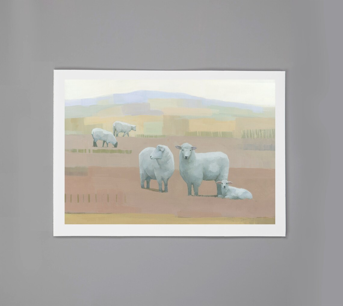 Sheep Lamb Abstract Pastel Colored Painting, Signed Giclee Wall Art ...