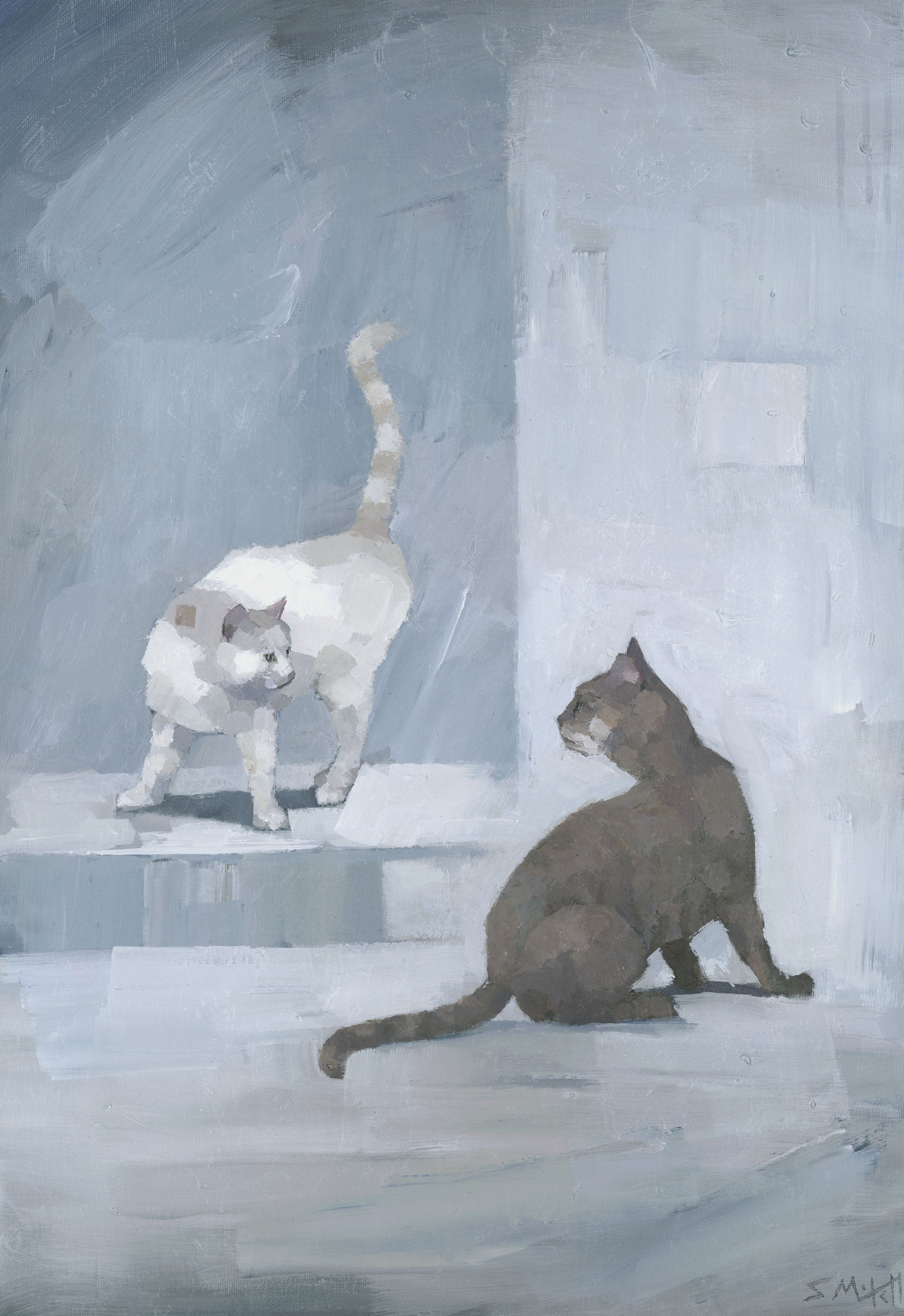 Contemporary Cat Painting, Signed Art Print, Modern Neutral Grey ...