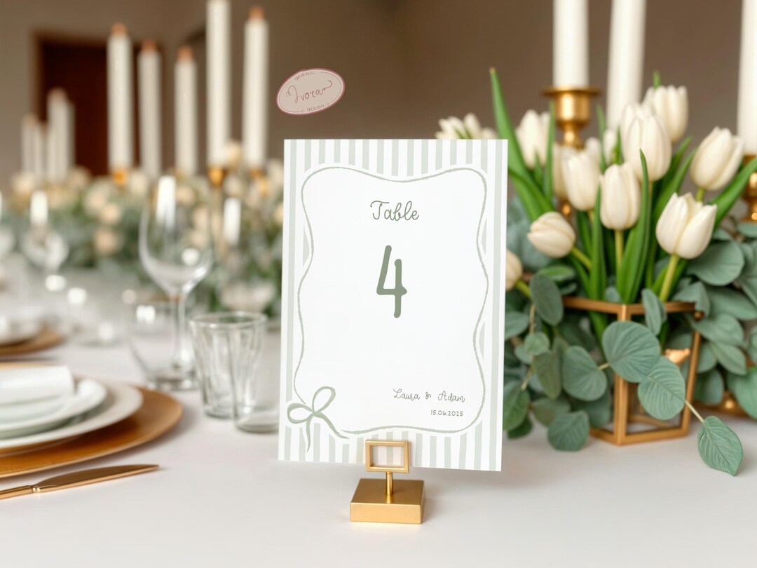 Sage Green Wedding Table Numbers, Green Number Sign, Watercolor Striped ...