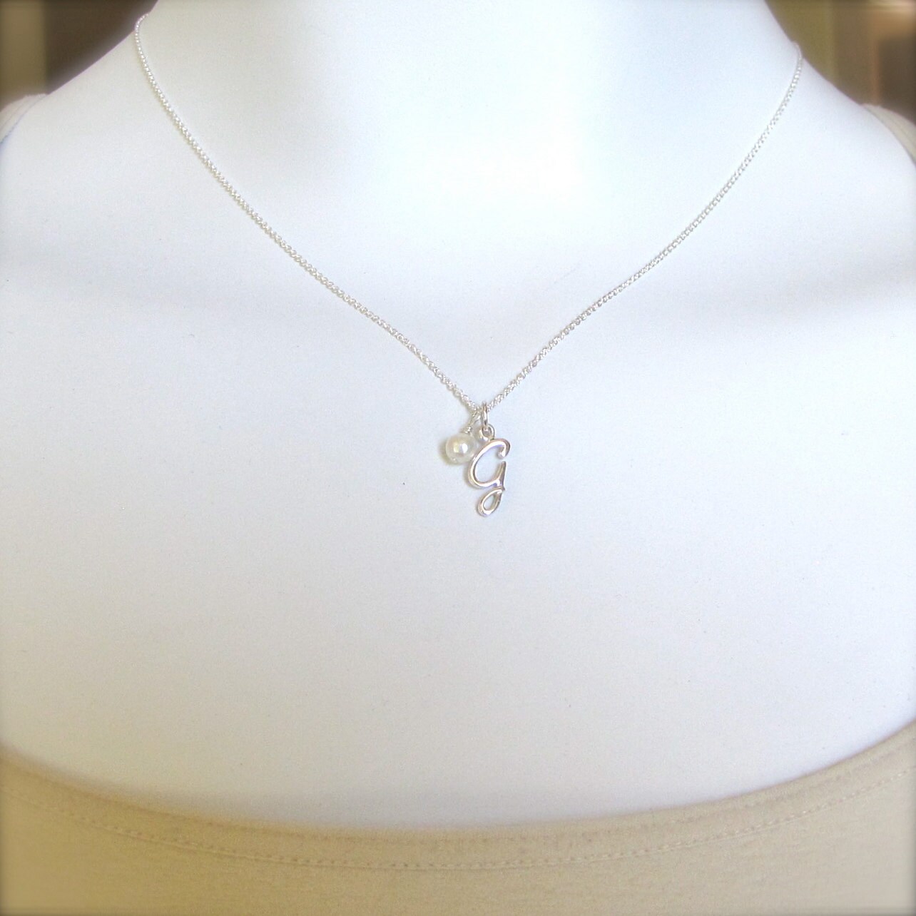 Silver Script Initial & Pearl Necklace - Etsy