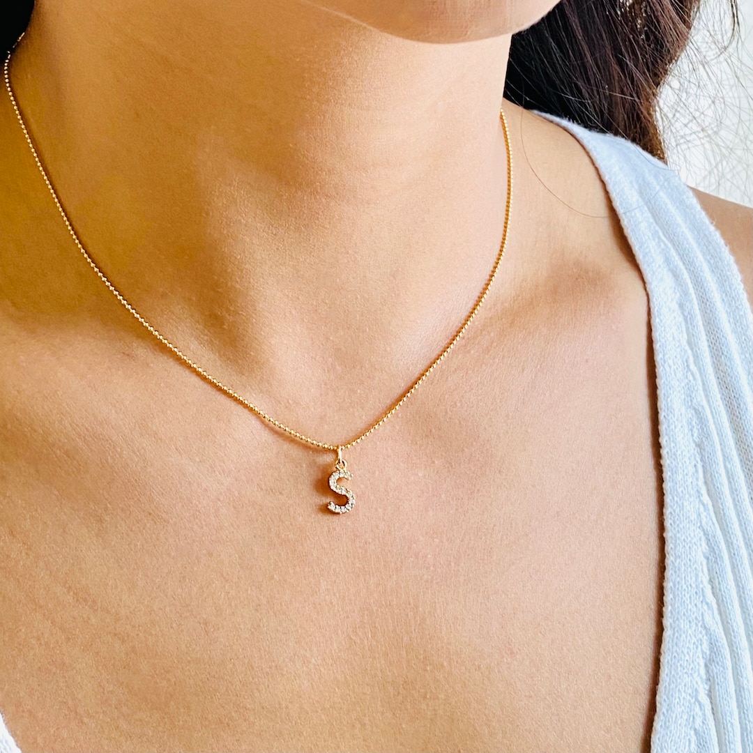 CZ Initial Necklace, Pavé Initial Necklace, Dainty Necklace, Tiny ...