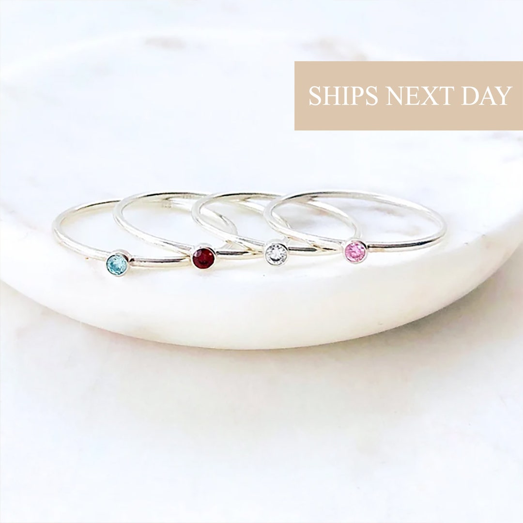 Birthstone Ring Silver, Birthstone Ring for Mom, Tiny Birthstone Ring ...