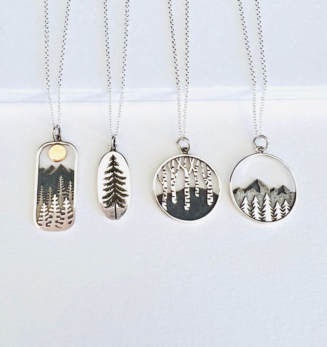 Pine Tree Necklace, Sterling Silver Mountain Necklace, Evergreen Tree ...