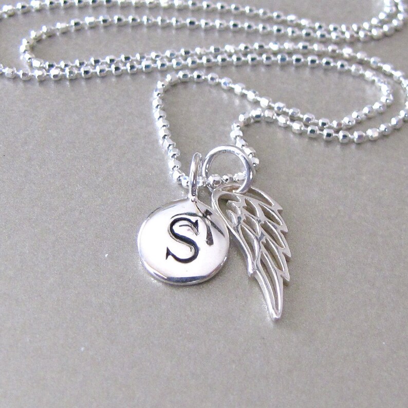 Silver Initial & Angel Wing Charm Necklace - Etsy