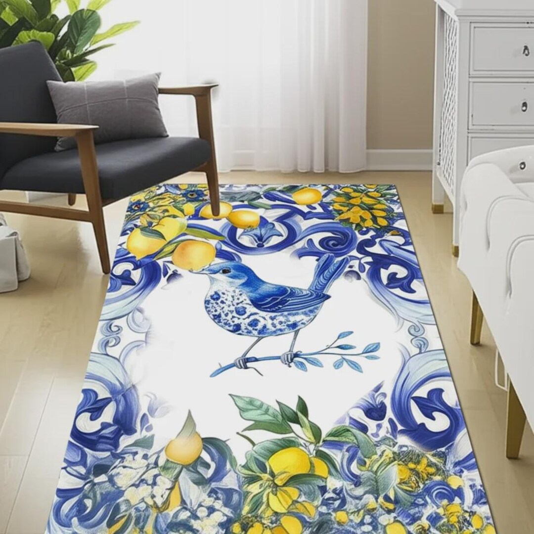 Lemons and Bluebird Rug, Custom Kitchen Area Rug, Botanical Lemon Tree ...