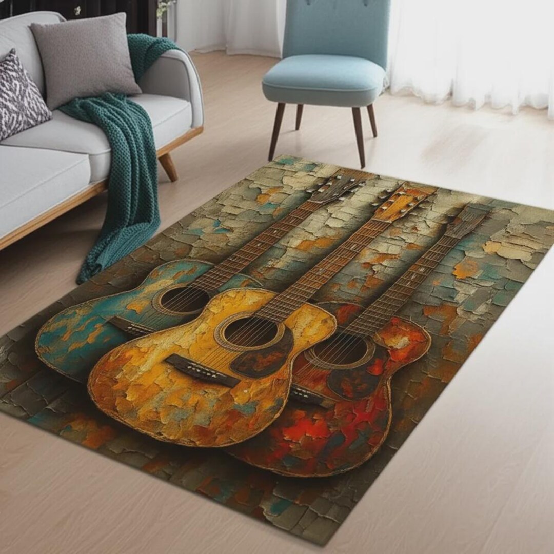 Rustic Guitar Trio Rug, Custom Folk Music Area Carpet, Vintage Acoustic ...