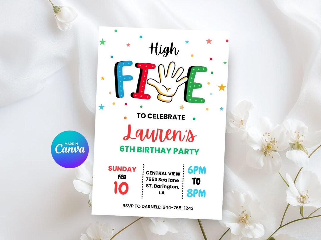 High Five Birthday Invitation, 5th Birthday Party, Editable Canva ...