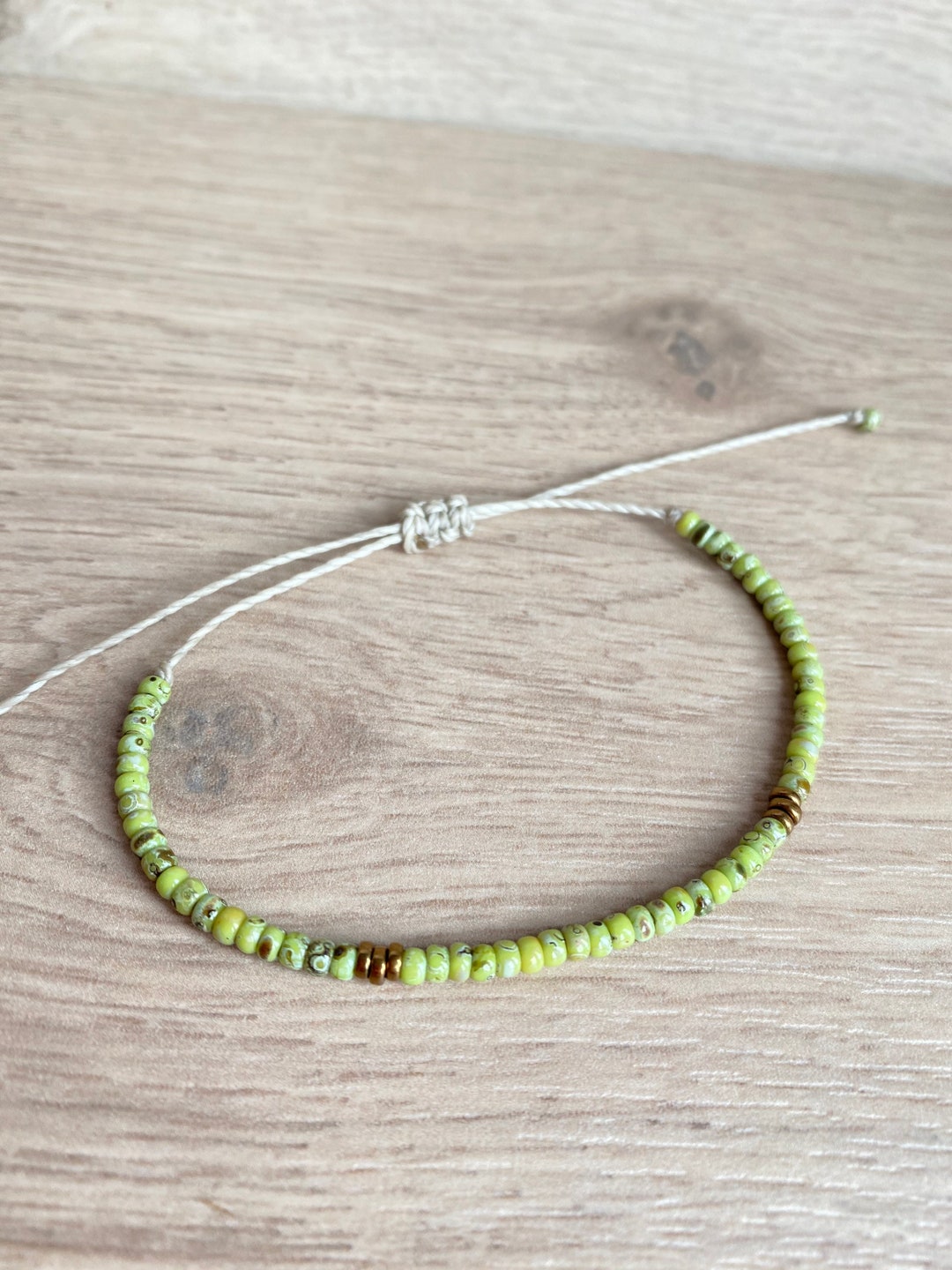 1 Green Beaded Bracelet With Bronze Seed Beads || Waterproof Adjustable ...