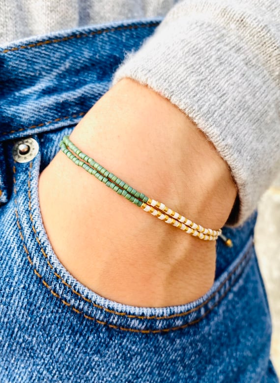 Miyuki Bracelet With Green White and Gold Beads Minimalist Beaded Adjustable Jewelry Dainty Double Strand Stackable Bracelet Under 15 Etsy