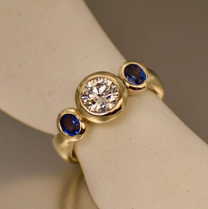Bezel Moissanite Engagement Ring With Sapphire Side Stones, Heavy 3 ...