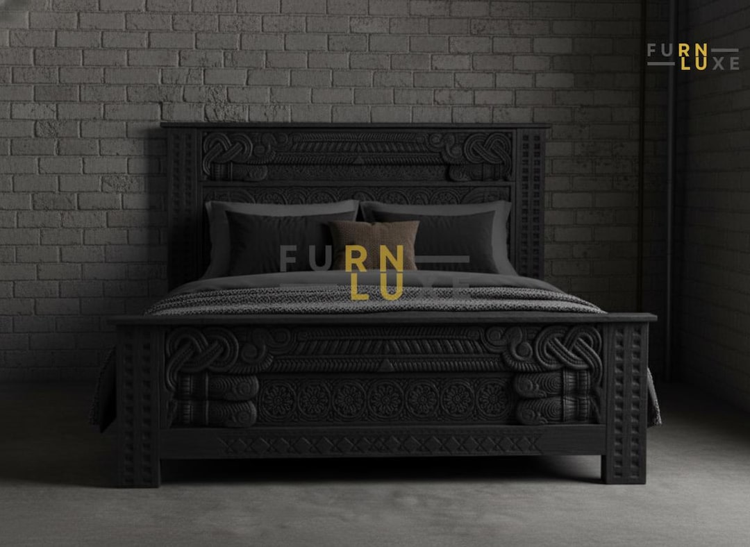 Hand Carved Wooden Bed, Black Indian Style Bed Frame - Etsy