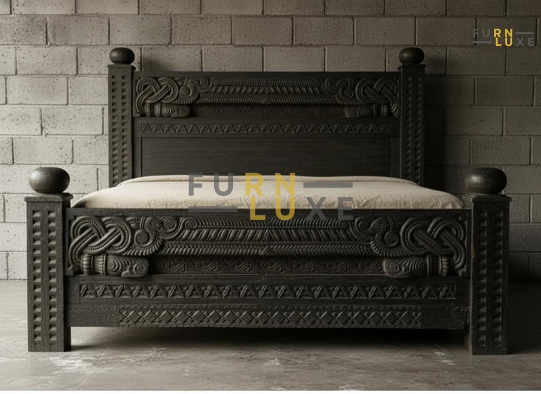 Hand Carved Black Solid Wood Bed Frame, Indian Style, Boho Farmhouse - Etsy