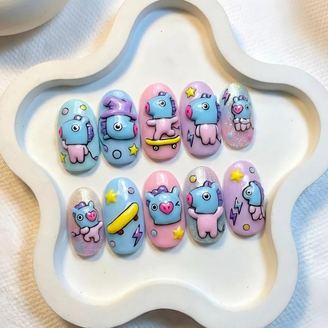 Pastel Kpop Kawaii Press on Nails | BT21 Mang Fake Nails | 3D Pony ...