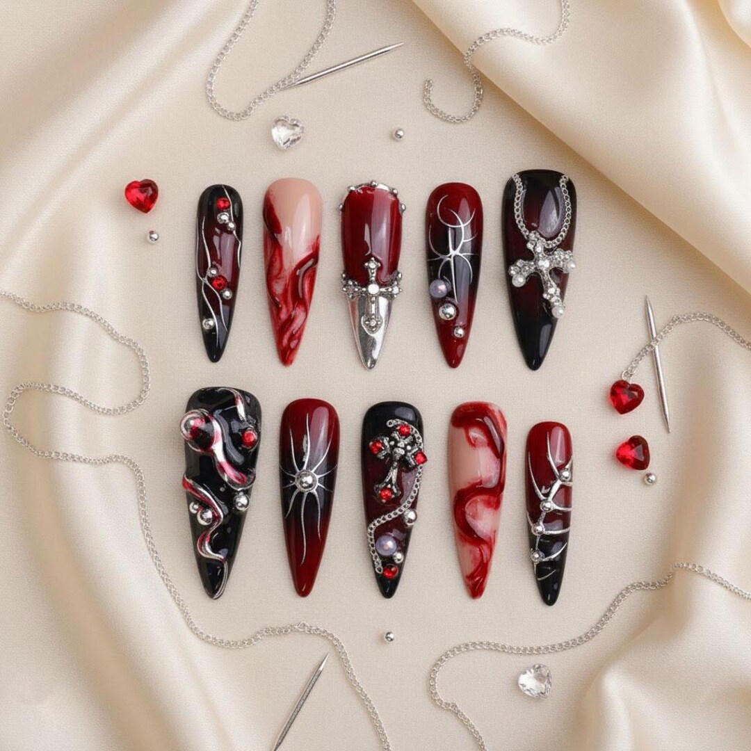 Handmade Gothic Vampire Press on Nails | Chains, Crosses, Blood Red ...
