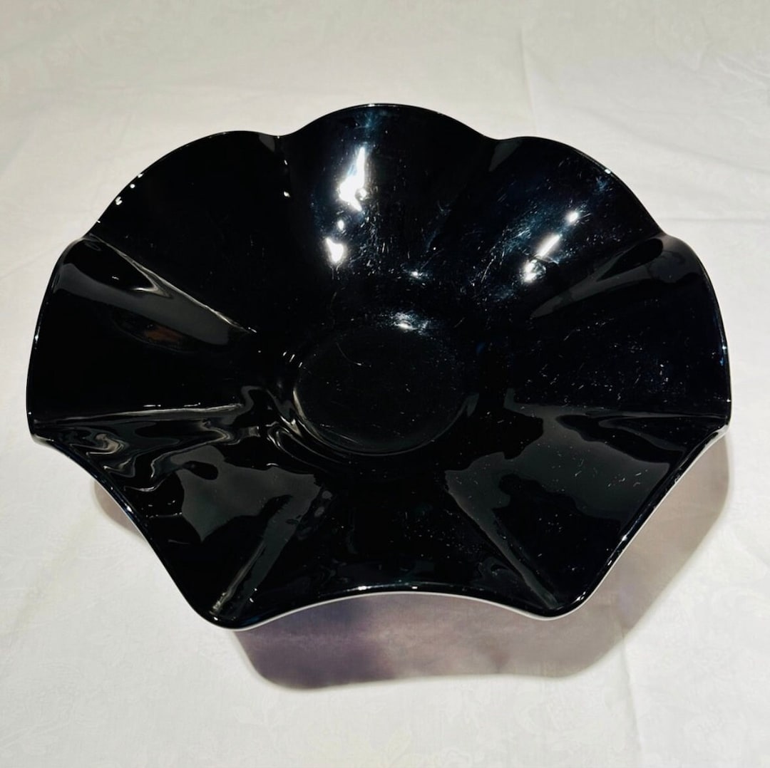 Vintage DEPRESSION GLASS Black Purple Amethyst Large Ruffled Fruit Bowl ...