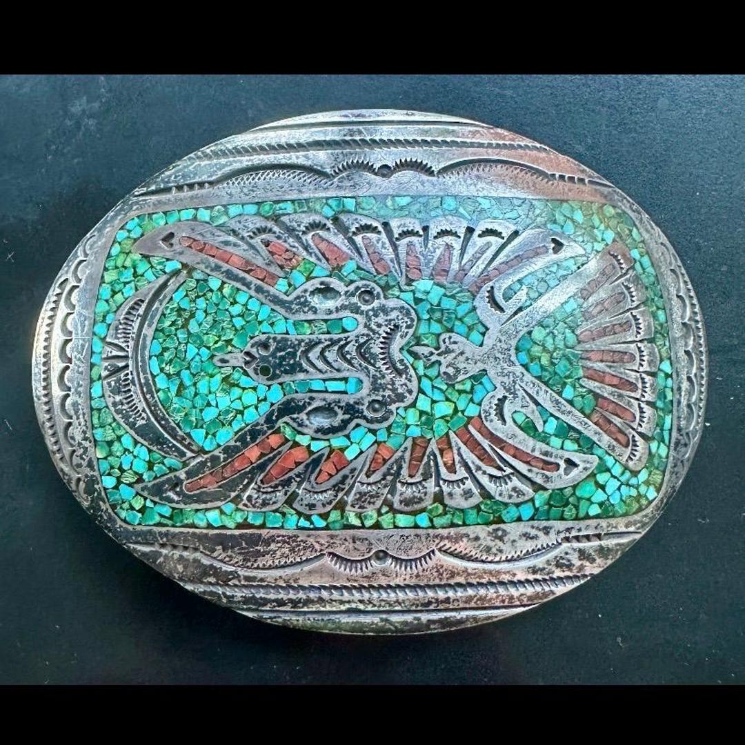 Vintage 1970s GIBSON GENE Navajo Bird Turquoise Coral Sterling Silver ...