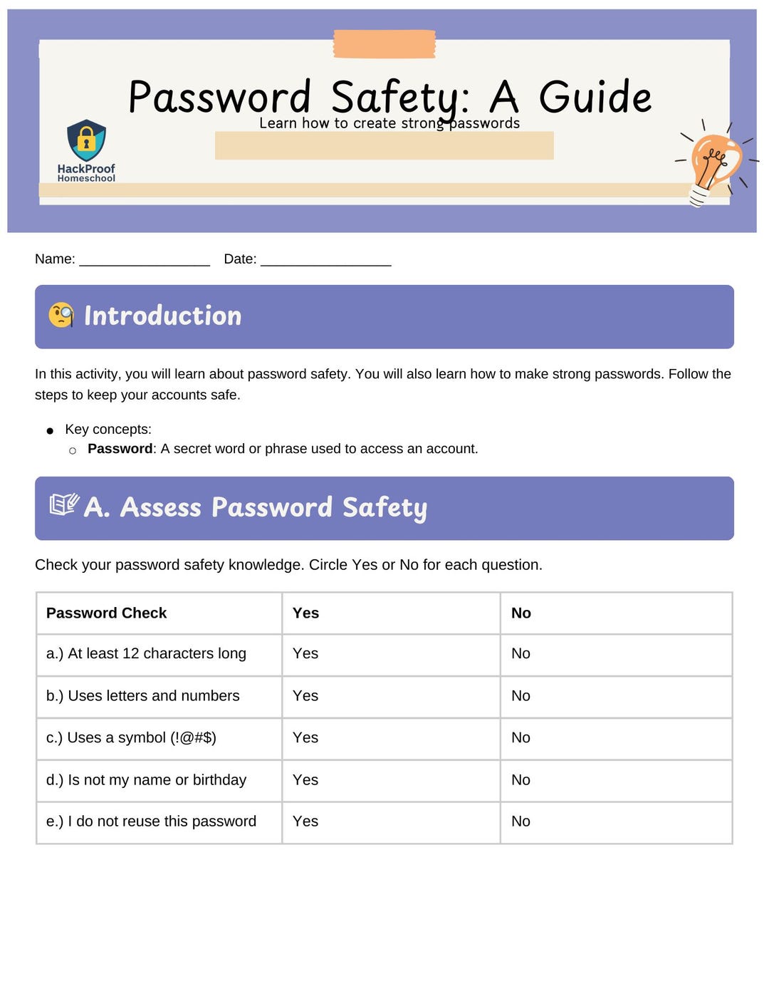 Password Safety Worksheet for Kids | Digital Safety Activity | Online ...