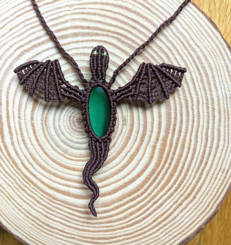 Macrame Dragon Pendant With Cat Eye Stone, Brown and Green Micro ...