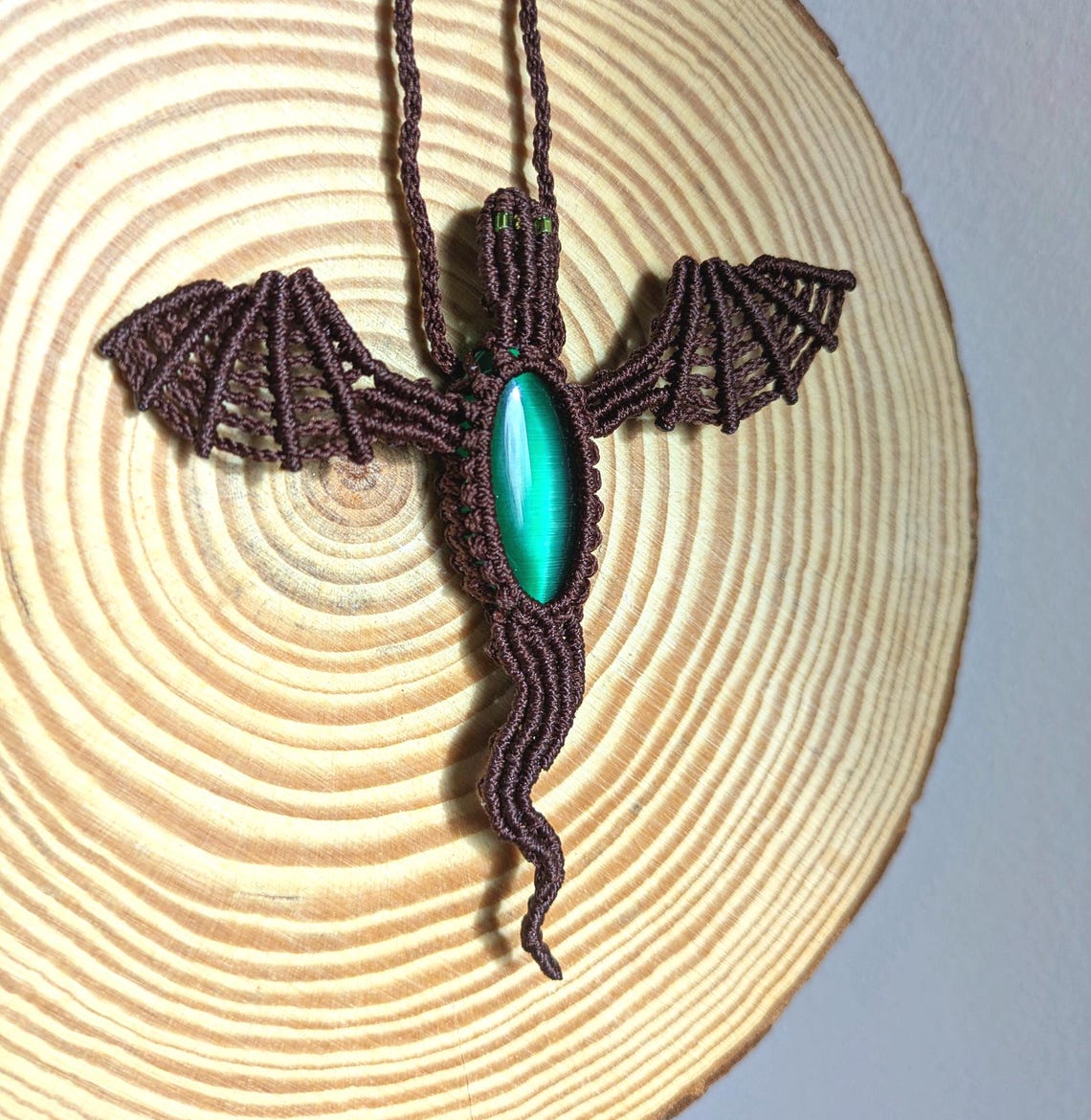 Macrame Dragon Pendant With Cat Eye Stone, Brown and Green Micro ...