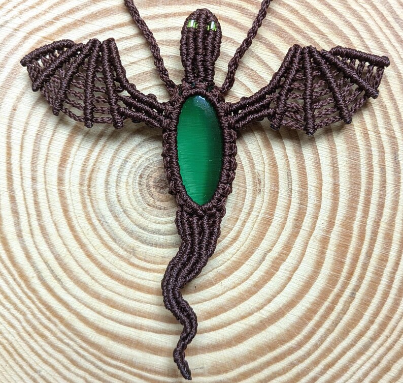 Macrame Dragon Pendant With Cat Eye Stone, Brown and Green Micro ...