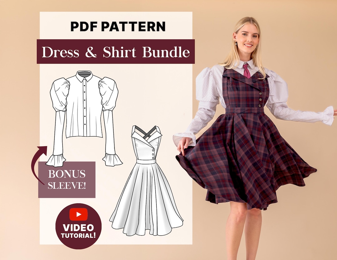 Dark Academia Pinafore + Dress Mutton Sleeve Shirt Combo | PDF Pattern ...