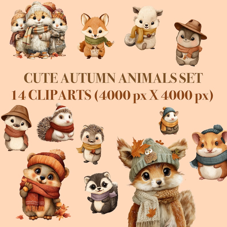 14 Cliparts Cute Autumn Animals Set - Etsy
