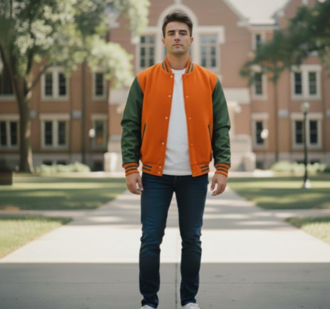 Orange Varsity Jacket, Green Sleeves, Campus Style - Etsy