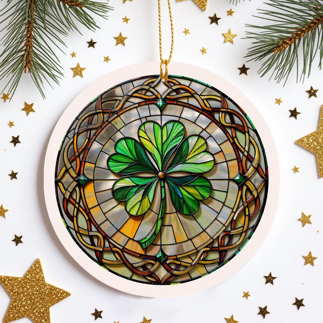 Stained Glass Four Leaf Clover Suncatcher Ornament, Celtic Style Green ...