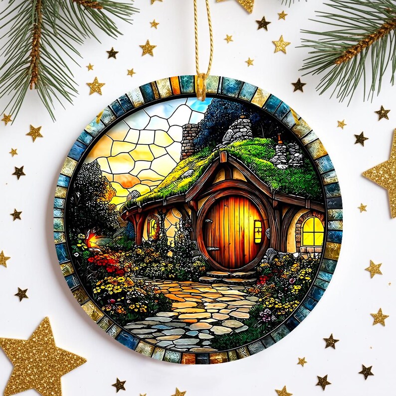Hobbit House Stained Glass Style Round Hanging Ornament, Cozy Cottage ...