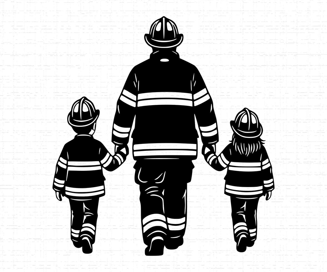 Firefighter With Two Children SVG: T-shirt Design, Fireman Dad Rescue ...