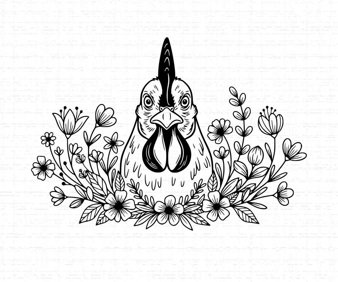 Chicken Head With Floral Wreath SVG: Line Art Farm Animal Graphic Cut ...