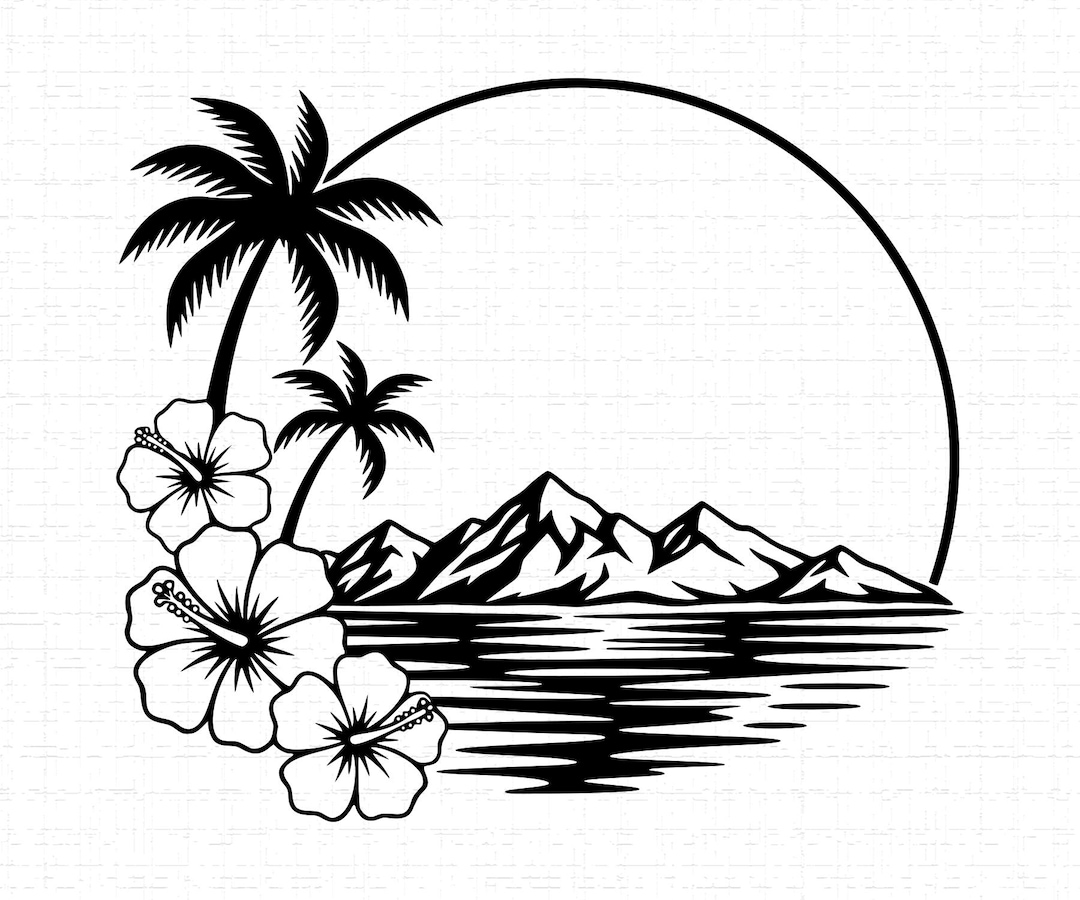 Hawaiian Flower Scene SVG: Tropical Beach Frame, Hibiscus, Palm Trees ...
