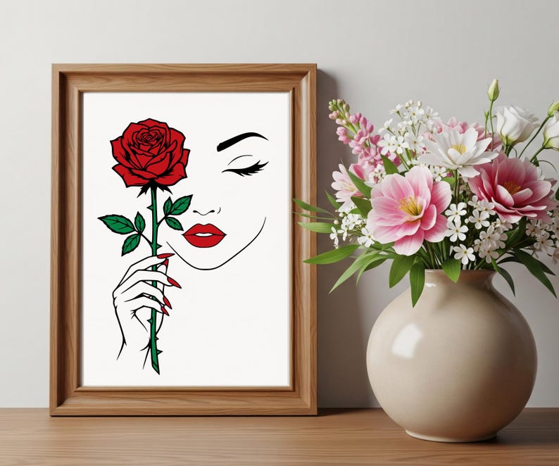 Beauty With Rose SVG: Line Art Woman Face Graphic, Red Lips, T-shirt ...